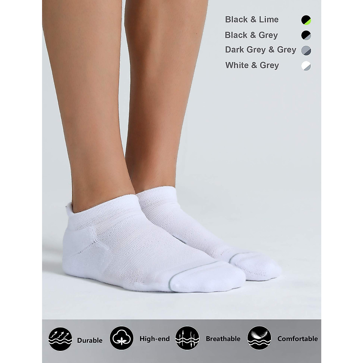 CelerSport 6 Pack Men's Running Ankle Socks with Cushion, Low Cut Athletic Tab Socks, White + Grey, Medium