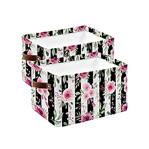 Rose Storage Bins for Organizing, Decorative Closet Organizers with Handles Cubes - 2 Pack Fabric Baskets for Shelves, Closets, Laundry, Nursery, Watercolor Pink Rose Chic Flower Black White Stripes