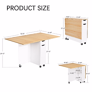 Folding Dining Table, Dinner Table with Drawer and Storage and Shelves, Space Saving Dining Table with 6 Wheels, Kitchen Table for Small Spaces (Light Brown)