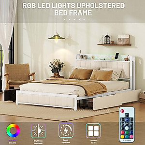 SAMTRA Queen Size Bed Frame with Storage Headboard & 4 Drawers, Upholstered Boho Metal Platform Bedframe with LED Lights & Charging Station, Easy Assembly, Beige White