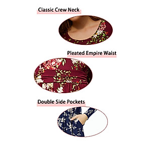 CATHY Women's Empire Waist Bodycon Maxi Dress Crewneck Casual Long Dresses with Pockets, S, 01 Red Flowers