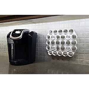 Storage Theory Peel and Stick Plastic Cafe Wall Caddy White - Kcups Holder Wall Mount with 28 Capacity Single Serve Coffee or Tea Pod Wall Display