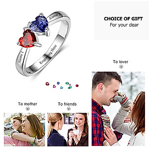 Love Jewelry Personalized Mothers Ring, Custom 2 Heart Simulated Birthstones Ring Engraved Names Engagement Rings Promise Rings for Women (7)