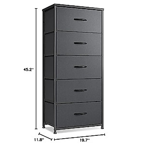 BANTI Dresser for Bedroom, Tall Kids Fabric Vertical Dresser with 5 Drawers, Storage Tower Organizer Unit for Closet, Living Room, Bedroom, Hallway, Steel Frame Wood Top, Black Grey