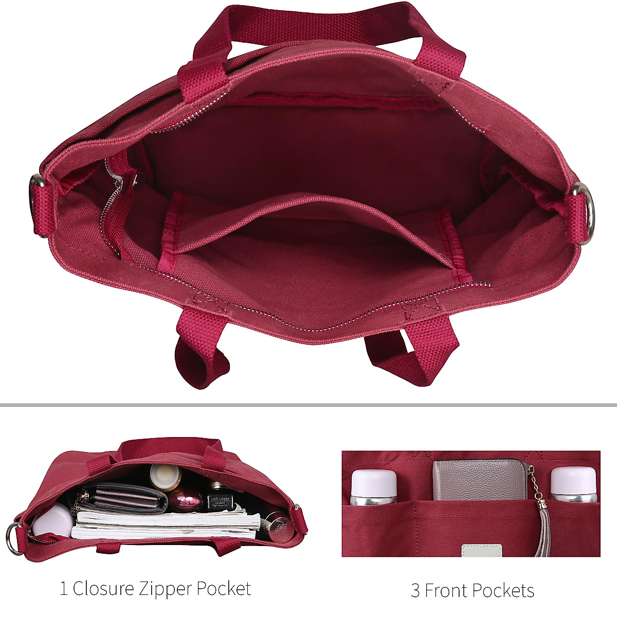 Iswee Canvas Tote Bag with Zipper Multi Pockets Tote Purse for Women Fashion Crossbody Tote Shoulder Bag Handbag Everyday Bag(Wine)
