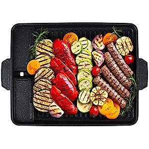 Sanbege BBQ Grill Pan with Nonstick Maifan Stone Coating and Oil Drain, 12.2" Smokeless Griddle Plate for Gas Stove, Indoor or Outdoor Open Flame Grilling (Rectangular)