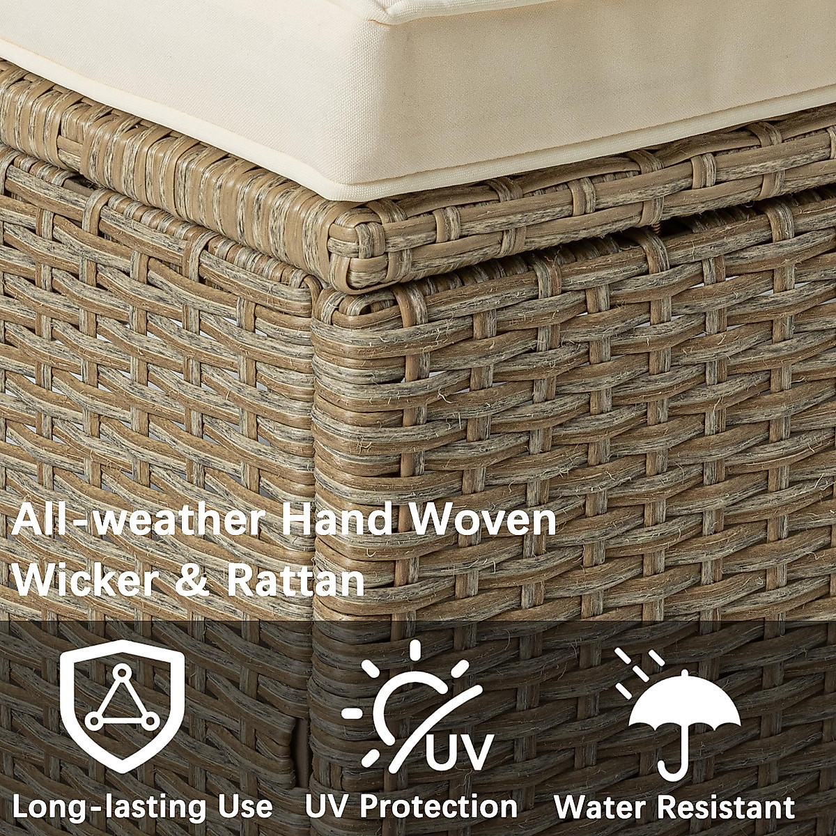 WiberWi Patio Furniture Set 3 Piece Outdoor Sectional Sofa Couch All Weather Rattan Wicker Conversation Set with Acacia Wood Coffee Table for Backyard Porch Garden Balcony, Waterproof, Beige