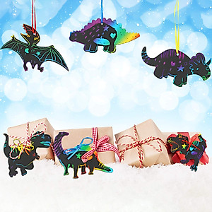 Outus 48 Pieces Scratch Dinosaur Paper Scratch Paper Dinosaur Craft Art Kits with 24 Pieces Wooden Styluses and 48 Pieces Ribbons for Dinosaur Birthday Party Game Supplies