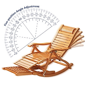 Outdoor Rocking Chair,Foldable Recliner,Bamboo Lounge Chair,Foldable Rocking Chair,Garden Deck Chairs for Elderly,Garden Chair,with Headrest Pillow and Foot Massage Board(Grey)