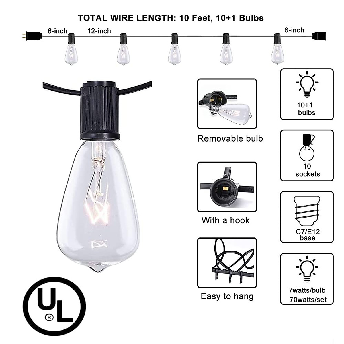 Couah Outdoor Patio String Lights,10Ft Edison Bulb String Lights for Patio Garden Porch Backyard Party Deck Yard(Plus 1 Extra Bulbs)-Brown