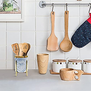 Rotating Marble Utensil Holder for Kitchen Countertop, Spoon Holder for Dining Table, Marble Ceramics with Durable Metal Frame 3.15 * 4.7 inch Blue and Gold 2 PCS