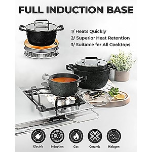 Granitestone 6 Pc Stackable Pot Set, Nesting Non Stick Pots with Lids, Cooking Pots Set, Stock Pot Set with 1.5/3 / 5 Qt Pots with Lids, Induction Cookware, Dishwasher Safe, Non Toxic - Black