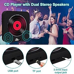 Portable Bluetooth CD Player,Wall Mountable CD Player for Home with Remote Control Dust Cover LCD Display Built-in HiFi Speakers FM Radio,Support CD/MP3/USB/TF/AUX Input Output (Black)