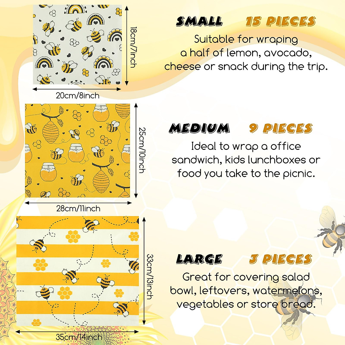Tranqun 27 Pack Beeswax Wraps for Food Reusable Beeswax Assorted Bread Storage Wrap Fresh Food Keeper for Covering Dishes Sandwich Cheese Fruit Bread Snacks 3 L 9 M 15 S Sizes