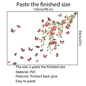 Cute Peony Flower Wall Decals Pink Rose Floral Wall Decals Butterfly Wall Stickers Removable Peel and Stick for Kids Room Bedroom Living Room Garden Backyard Wall Decoration