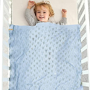 mimixiong 100% Cotton Baby Blanket Knit Cellular Toddler Blankets for Newbron Baby Light Blue 40x30 Inch