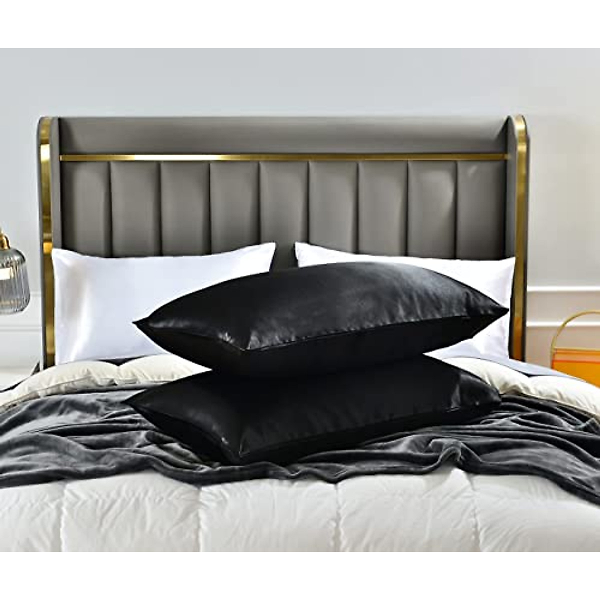 Pack of 2 Satin Pillowcases for Hair and Skin, Satin Pillow Cases Set of 2 Pillow Cover with Envelop Closure (Standard/Queen, Black)