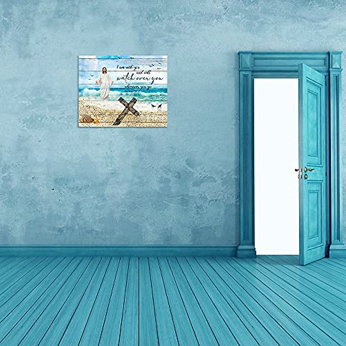 Christian Inspirational Decor Wall Art Jesus and Cross on Beach Picture Motivational Scripture Bible Verse Canvas Prints Teal and Blue Framed Artwork for Living Room Bedroom Bathroom Large 16"x12"
