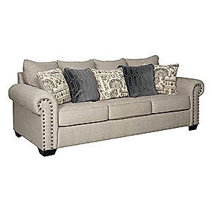 Signature Design by Ashley Zarina New Traditional Queen Sofa Sleeper with Nailhead Trim and 5 Accent Pillows, Beige