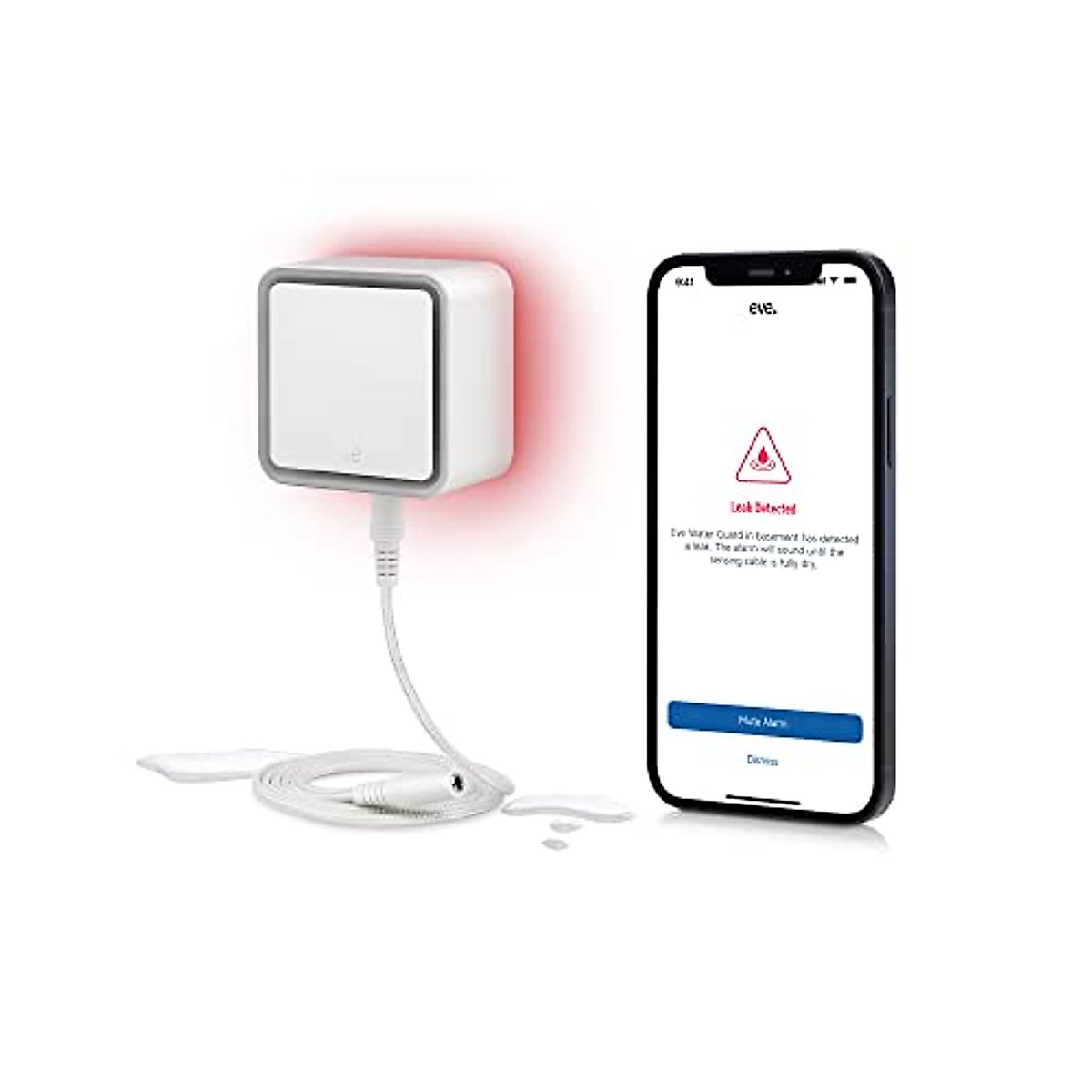 Eve Water Guard - Smart Home Water Leak Detector, 6.5 ft Sensing Cable, 100 dB Siren, (Apple HomeKit), App Notifications, Bluetooth, Thread