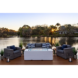 70" Linear Rectangular Modern Concrete Fire Pit Table w/Glass Guard and Crystals (White)
