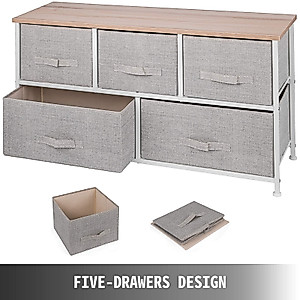 Happybuy 5-Drawer Storage Organizer Unit with Fabric Bins Bedroom Play Room Entryway Hallway Closets Steel Frame MDF Top Dresser Storage Tower Fabric Cube Dresser Chest Cabinet (Beige/Wide)