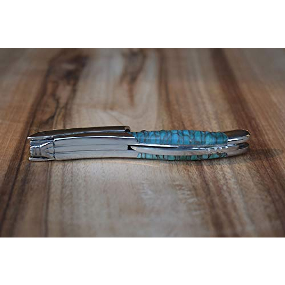 Laguiole En Aubrac Polished Sommelier Waiter's Corkscrew, Turquoise & Black Paper Waves Handle, Wine Opener With Foil Cutter & Bottle Opener