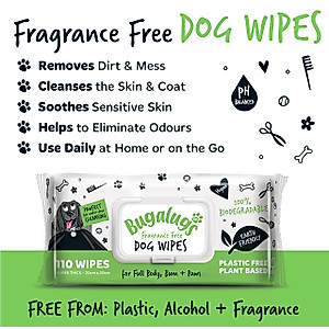BUGALUGS Dog Wipes, 100% Plastic Free Biodegradable pet Wipes for Full Body, Eye Wipes, Ear Wipes, Bum & Paws. 110 Sensitive Dog Grooming Wipes for Dogs, Puppy & cat Grooming (Fragrance Free)