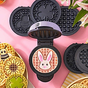 DASH Mini Waffle Maker with 7 Removable Plates-Spring Themed Plates - Bunny Clover Heart with Storage Container Non-Stick Coating- Temperature Control- Indicator Light for Home and Travel, Purple
