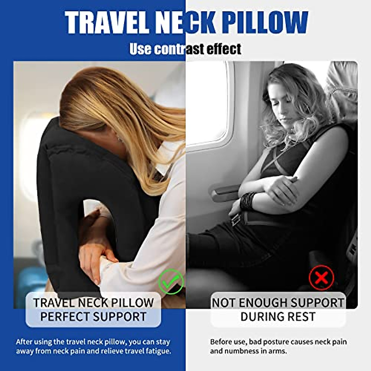 SAHEYER Inflatable Travel Pillow, Inflatable Neck Pillow for Airplane Travel Essentials and Office Nap, with 3D Eye Mask, Earplugs, Luggage Tag Initial & Portable Drawstring Bag (Black)