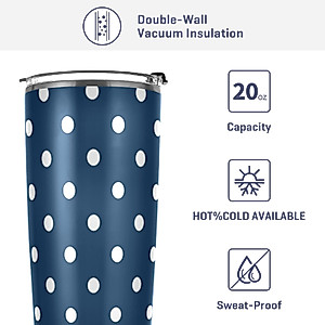 WELLDAY Navy Blue Polka Dot Stainless Steel Tumbler Cup with Straw & Lid Double Wall Vacuum Insulated Travel Mug Hot Cold Water Bottle Coffee