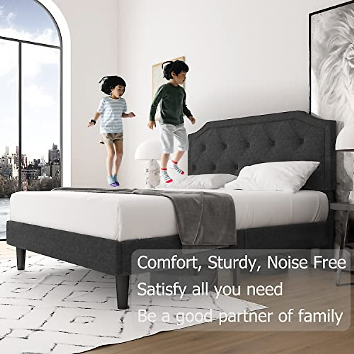 Einfach Queen Size Bed Frame, Upholstered Platform Bed with Strong Wood Slats Support, No Box Spring Needed, Easy Assembly, Dark Grey