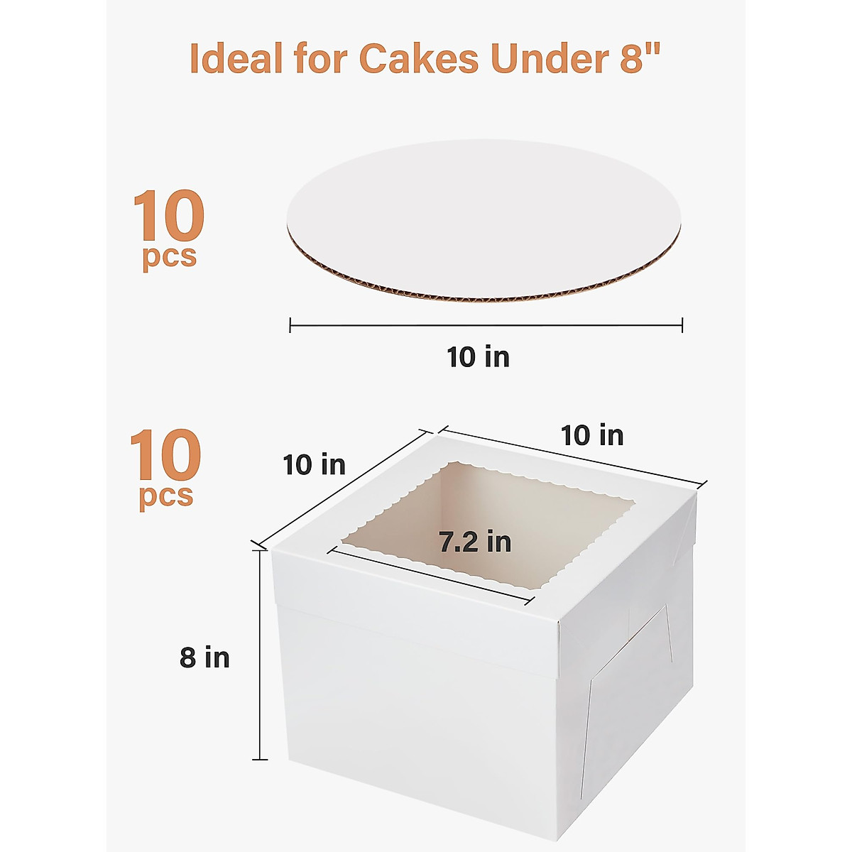 Kootek 10 Sets Cake Boxes 10 inch, 10x10x8 Inches White Bakery Box with Boards, Tall Cake Cardboard Containers for Multi-Layer Cakes, Cake Decorating for Mother's Day
