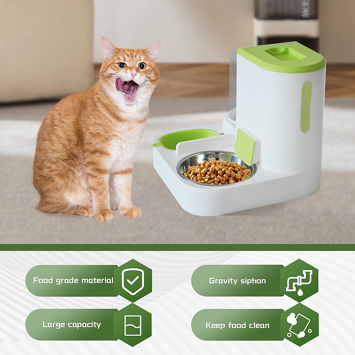 MUYG Automatic Cat Food and Water Dispenser Set 2 in 1,All-in-One Gravity Pet Feeder with Stainless Steel Cat Food Bowl Travel Auto Supply Feeder and Water Dispenser for Small Medium Cats Dogs (Green)