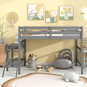 Lifeand Full Loft Wooden Bed with Platform,Ladder,Grey