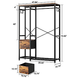 Lulive Clothes Rack, Heavy Duty Garment Rack for Hanging Clothes, Industrial Clothing Racks with Shelves, 2 Fabric Drawers, 4 Hooks, 2 Hanging Rods, Freestanding Closet Organizer, Rustic Brown