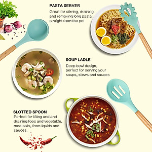 MIBOTE 17 Pcs Silicone Cooking Kitchen Utensils Set with Holder, Wooden Handles Cooking Tool BPA Free Turner Tongs Spatula Spoon Kitchen Gadgets Set for Nonstick Cookware (Teal)