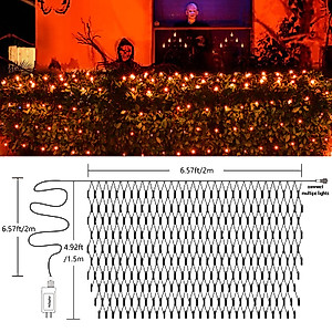Flacchi Orange Net Lights 7 ft x 5 ft 200 LED 8 Modes Low Voltage Mesh Tree Lights Connectable Green Wire String Lights for Christmas Trees, Bushes, Garden, Halloween Outdoor Decorations