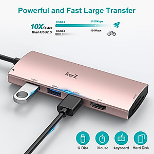 USB C Hub, USB Hub to HDMI Multiport AorZ USB C Dongle Adapter 7 in 1 with HDMI Output,3 USB 3.0 Ports,SD/Micro SD Port,PD Charging Port USB C HUB (Pink)
