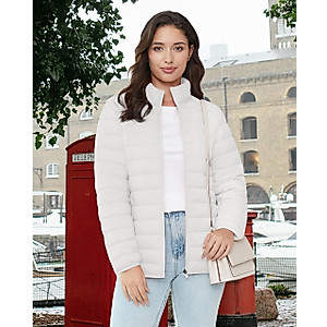 MAGCOMSEN Women's Puffer Jacket Ultra-lightweight Quilted 4 Pockets Full Zip Stand Collar Jackets Winter Warm Coat, White S