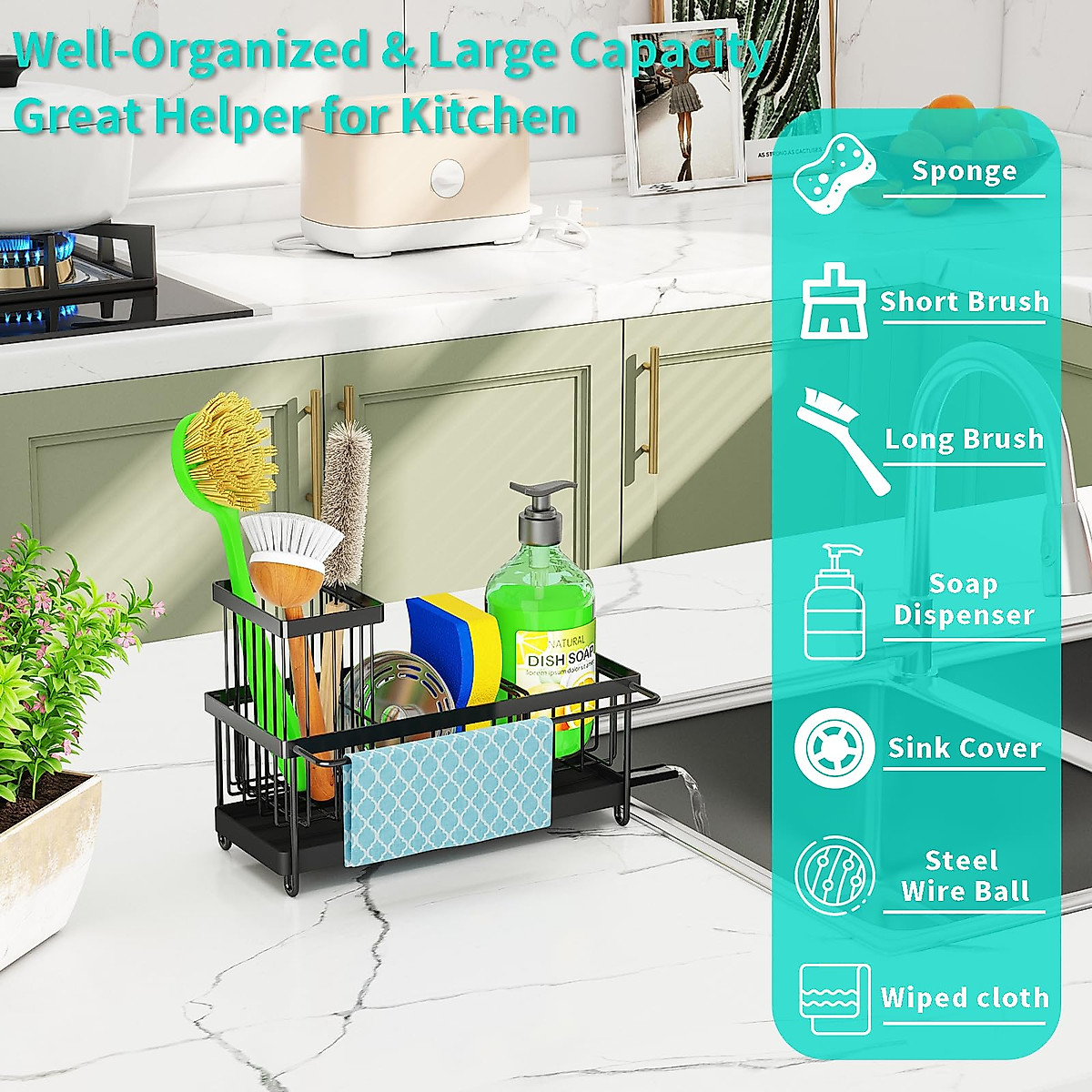 Godboat Sponge Holder for Kitchen Sink - Kitchen Sink Organizer with Brush Holder, 201 Stainless Steel, Sink Caddy with Auto-Drain, 360° Swivel Spout, Cool Gadgets for Apartment, Farmhouse and RV