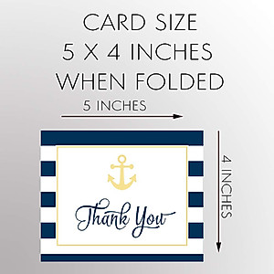 Nautical Thank You Cards Bridal Shower Wedding Anchored In Love Navy Blue Yellow Stripes Sea Sailing Sailor Thanks Stationary (24 count)