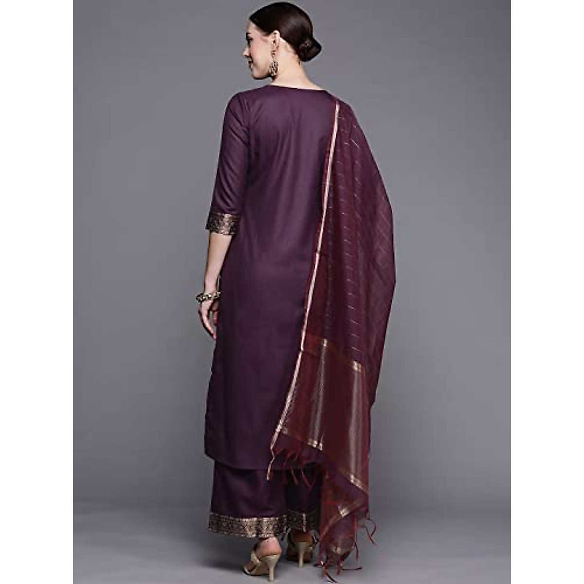 INDO ERA Indian Women's Magenta Cotton Blend Yoke Design Calf Length Straight Kurta Palazzo With Dupatta Set