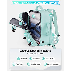 Getravel Large Travel Backpack, Carry On Backpack Airline Approved, 17inch Laptop Backpack, Waterproof Hiking Backpack, Sports Gym Business Daypack, Weekender Bag (Blue-green)