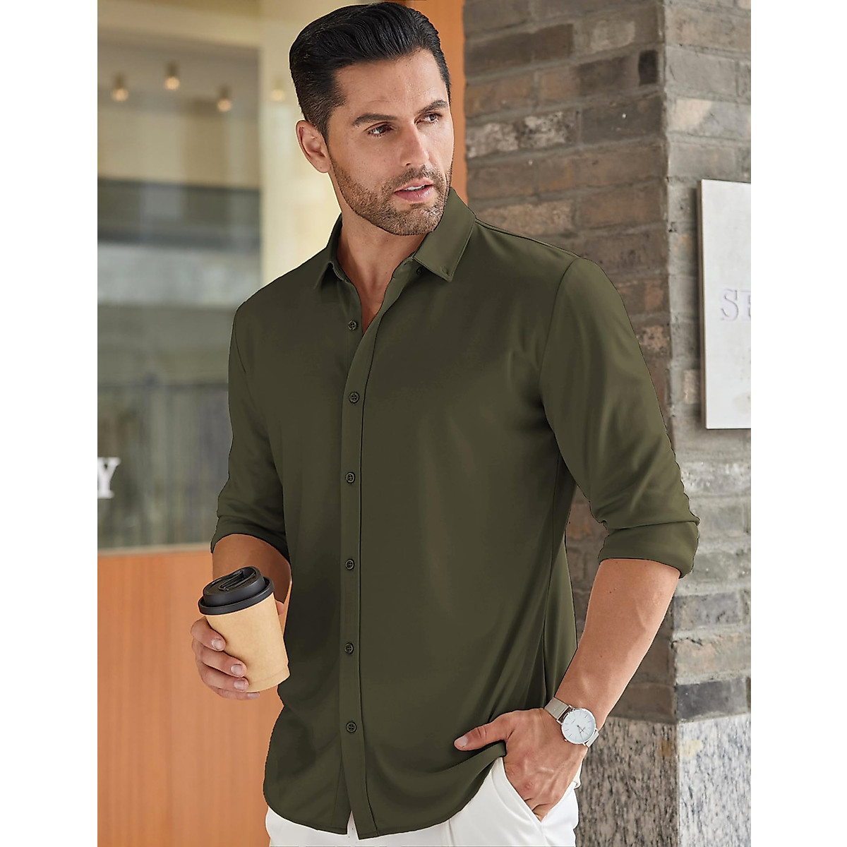 COOFANDY Men's Long Sleeve Button Up Dress Shirts Wrinkle Free Casual Dress Shirt Green