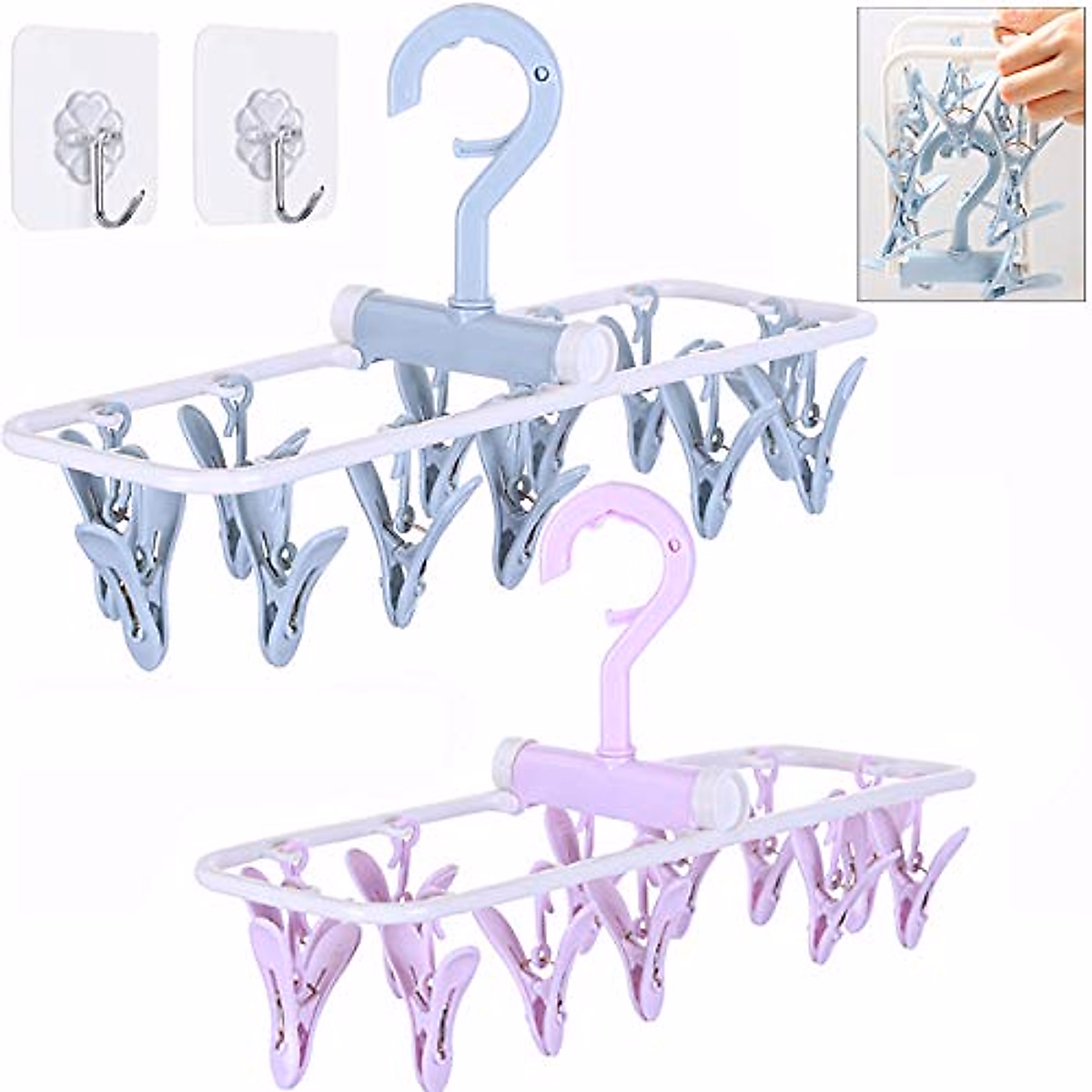 Clothes Drying Racks 2 Pack Small Folding Portable Underwear Hangers with Clips Socks 12 Clips 360° Rotatable Hook for Drying Towels Bras Baby Clothes Gloves Plast