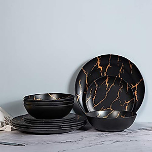 Melamine Dinnerware Set Black Kitchen Dinner Set, 12pcs Plates and Bowls Set Best for Indoor and Outdoor Party,BPA-Free Dishwasher Safe, Eco-Friendly …