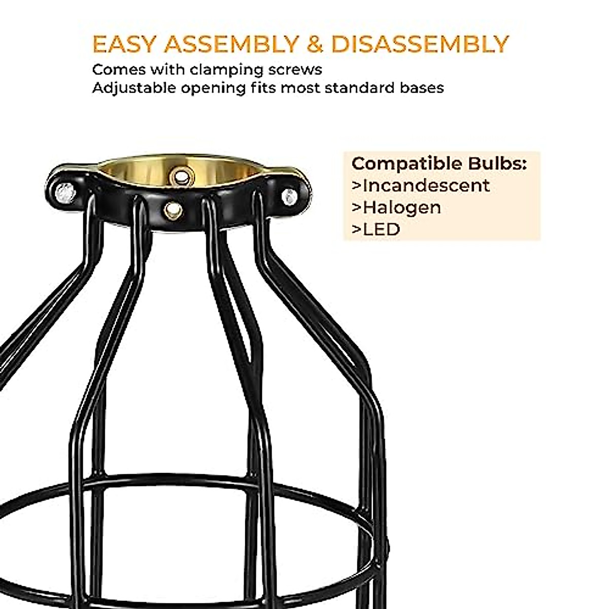 KastLite Metal Bulb Guard - Adjustable Lamp Base for Ceiling Fans - Pendant String Light Vintage Lamp Shade Cover - Wire Fixture Cage - Farmhouse Light Fixture - 4 Lamp Cages for Pendant String Lights