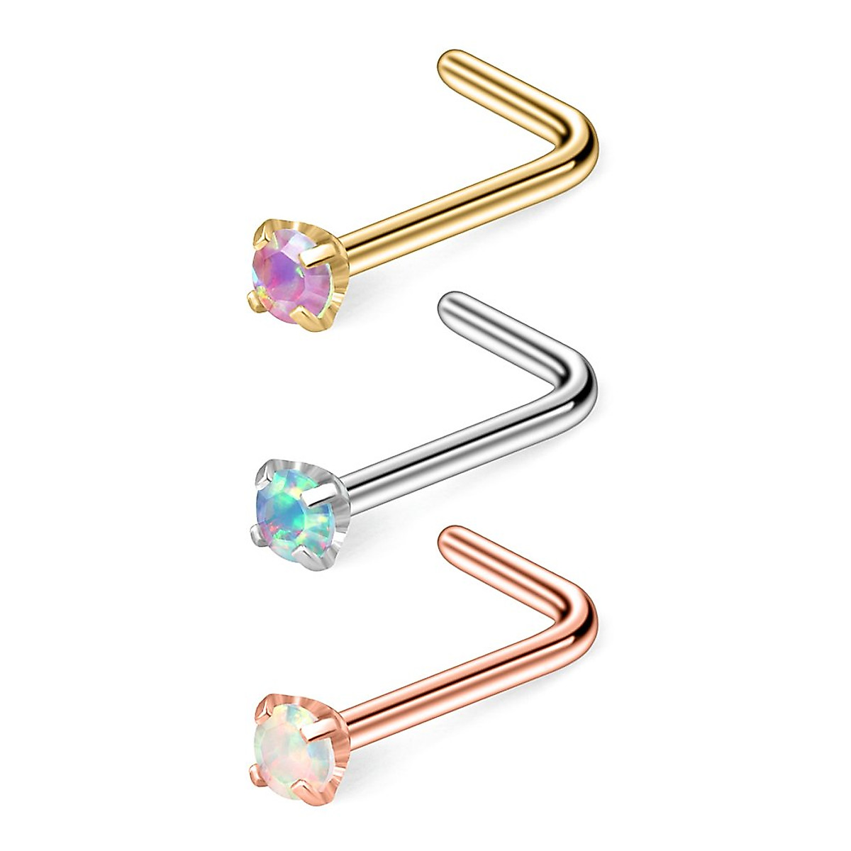 Ruifan 3PCS 20G 316L Surgical Steel 2mm Mix Color Opal Nose Rings Studs L-Shape Body Piercing Jewelry