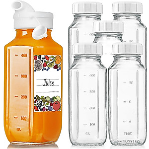 6 Pack 16 Oz Glass Juice Bottles w Pour Spout, 100% Airtight Heavy Duty SCREW Lid- Reusable Glass Milk Bottles w Capacity Mark, Square Drinking Jar Juice Container(Extra 2 Lid)